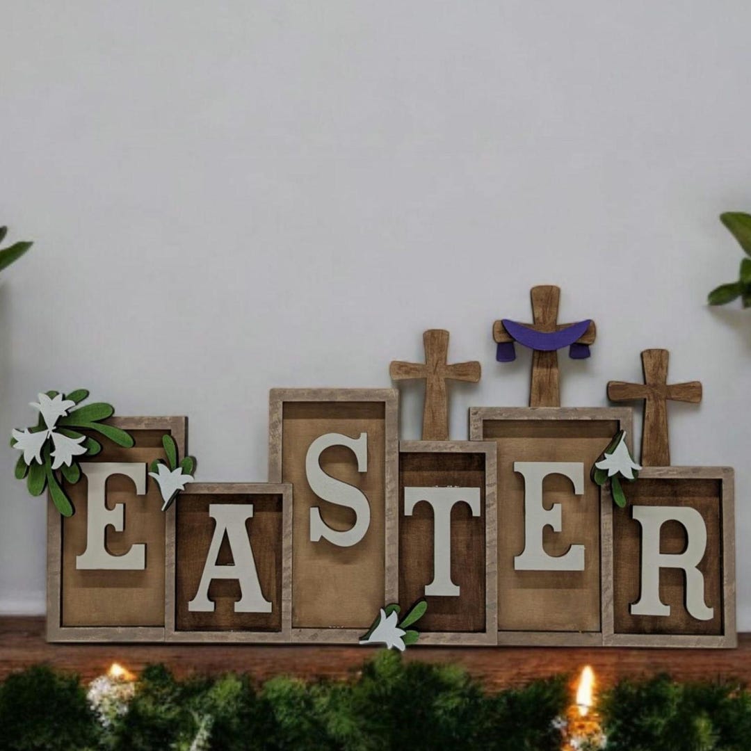 Religious EASTER Décor, Shelf Mantel Décor, Three Crosses, Wooden Faith EASTER Sign, Boxed ...