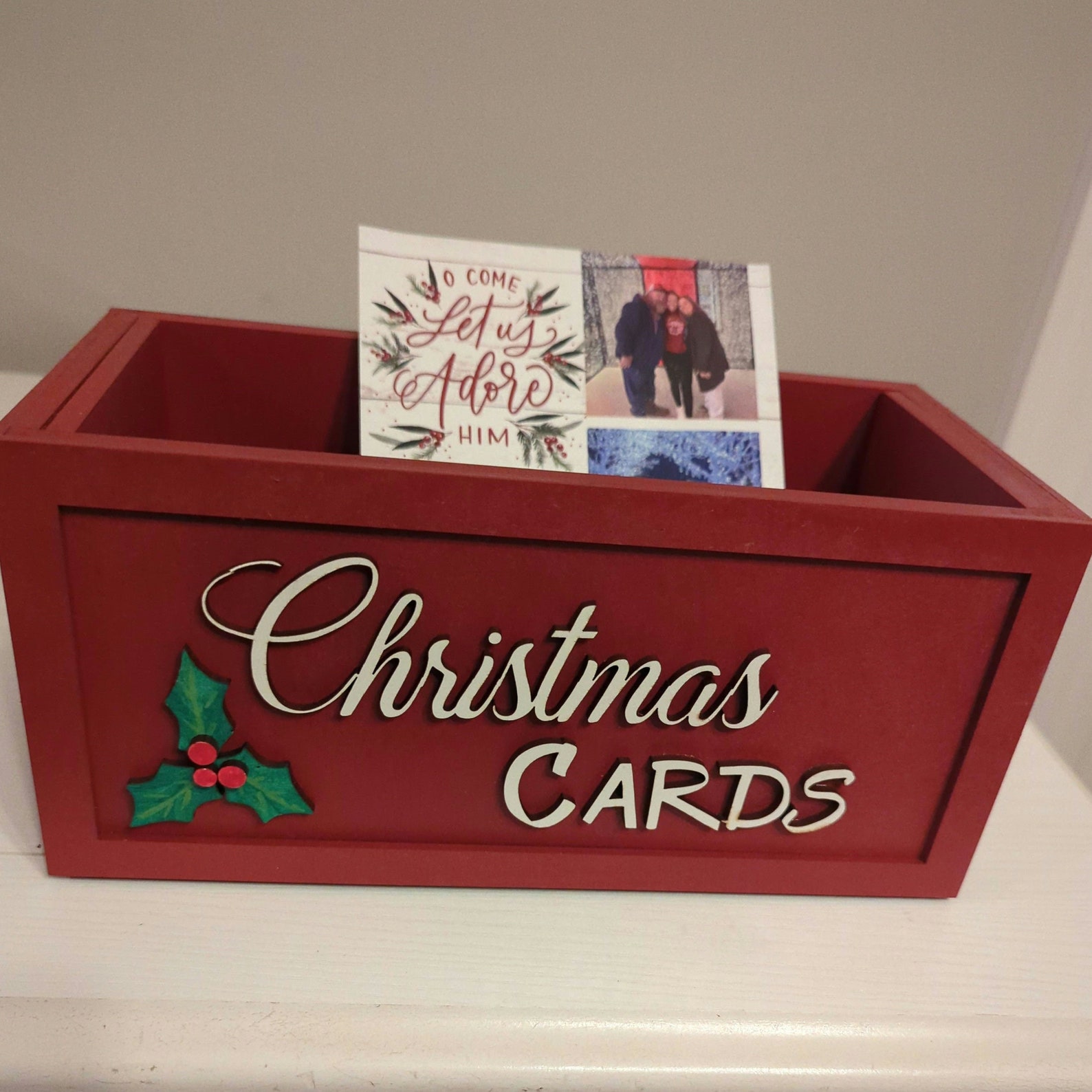 Rustic Christmas Card Holder - Wooden Holiday Card Box With Holly Decor ...