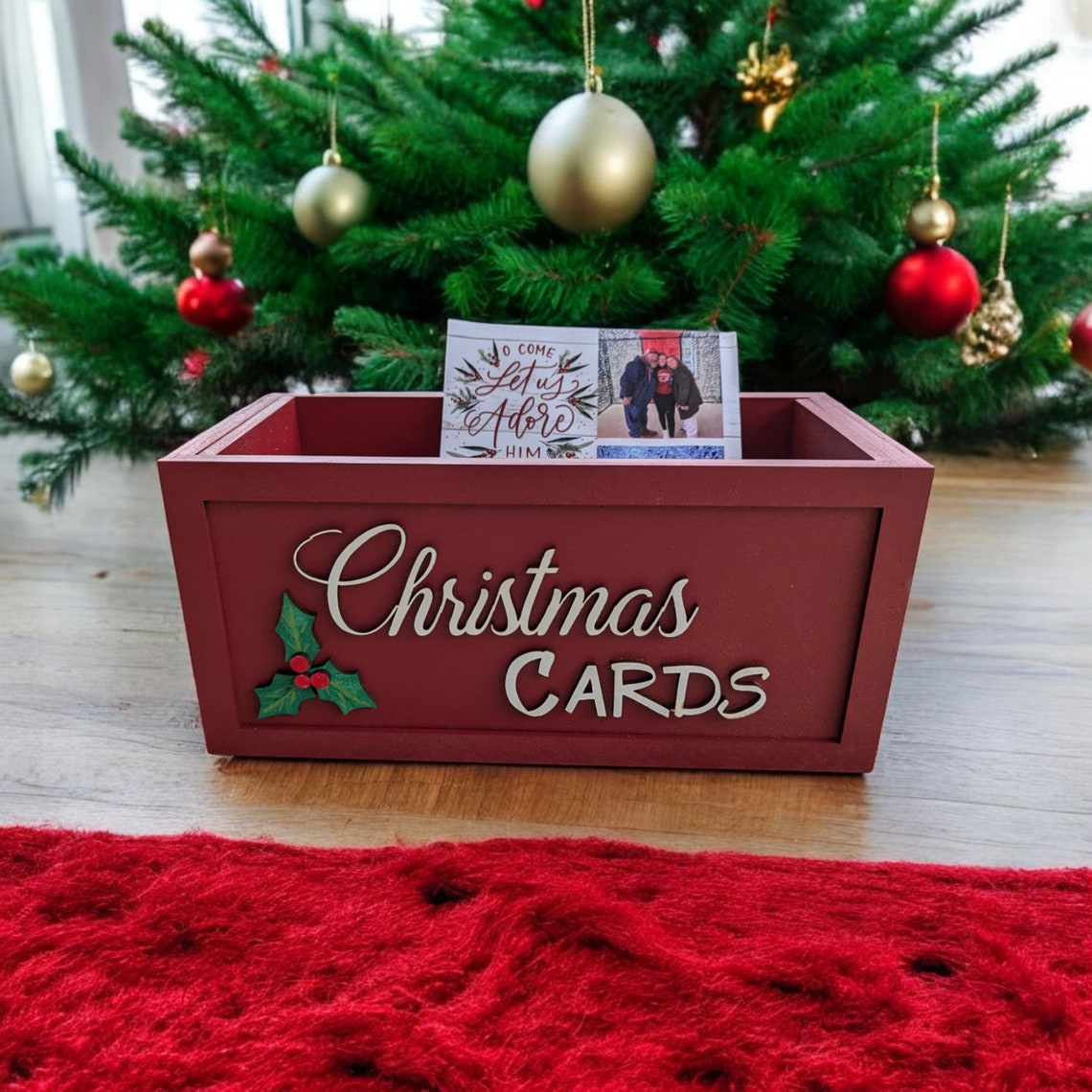Rustic Christmas Card Holder - Wooden Holiday Card Box With Holly Decor ...