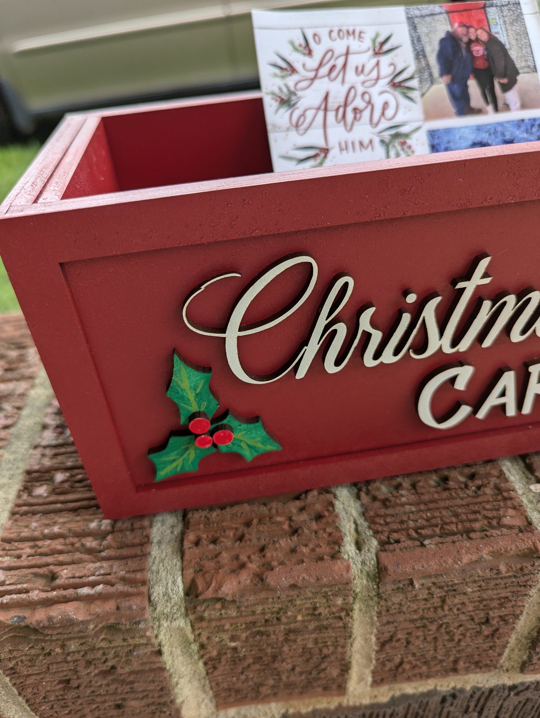 Rustic Christmas Card Holder - Wooden Holiday Card Box With Holly Decor ...
