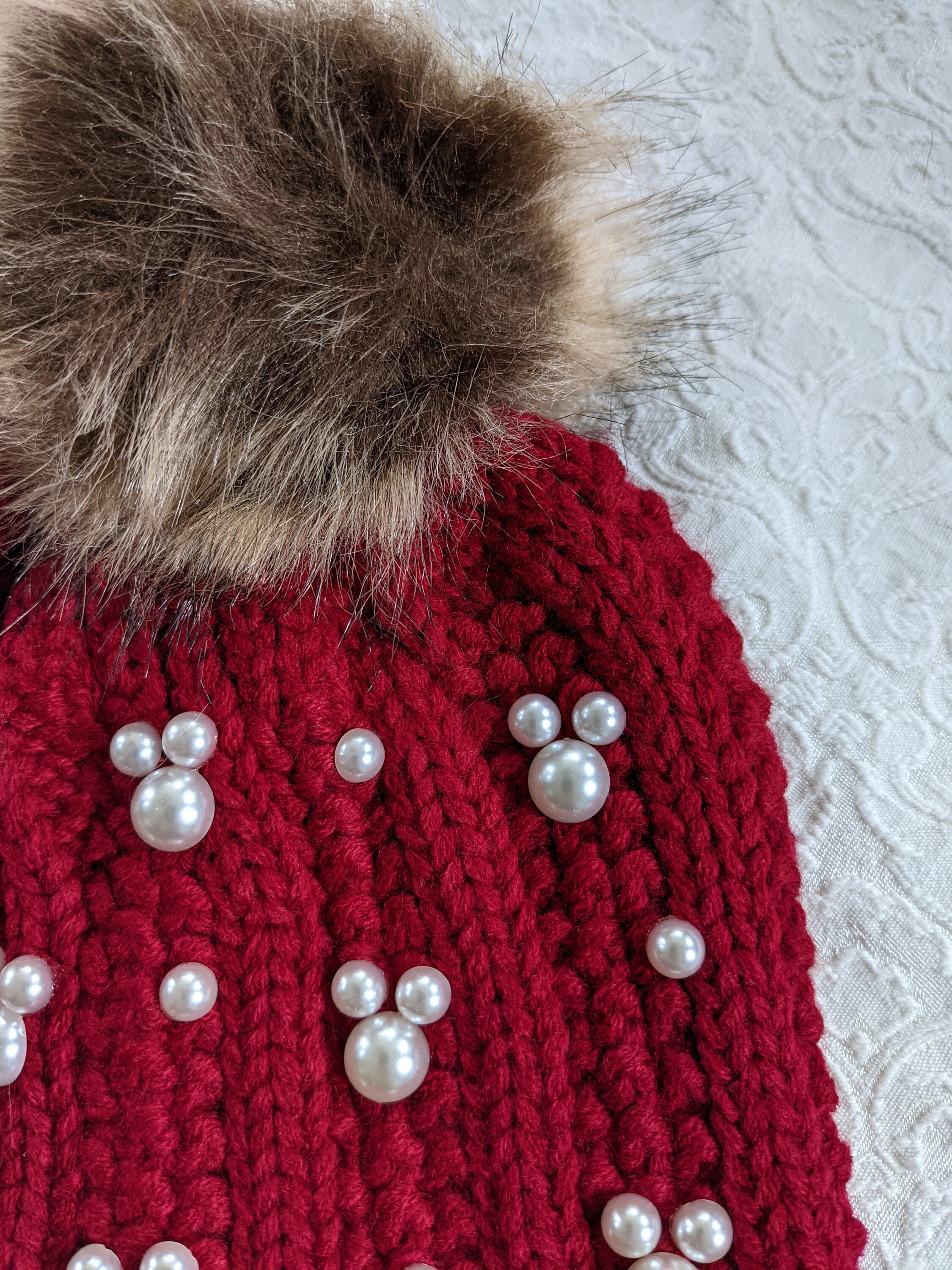 Mickey Pearl Embellished Knit Beanie With Faux Fur Pom Pom, Christmas ...