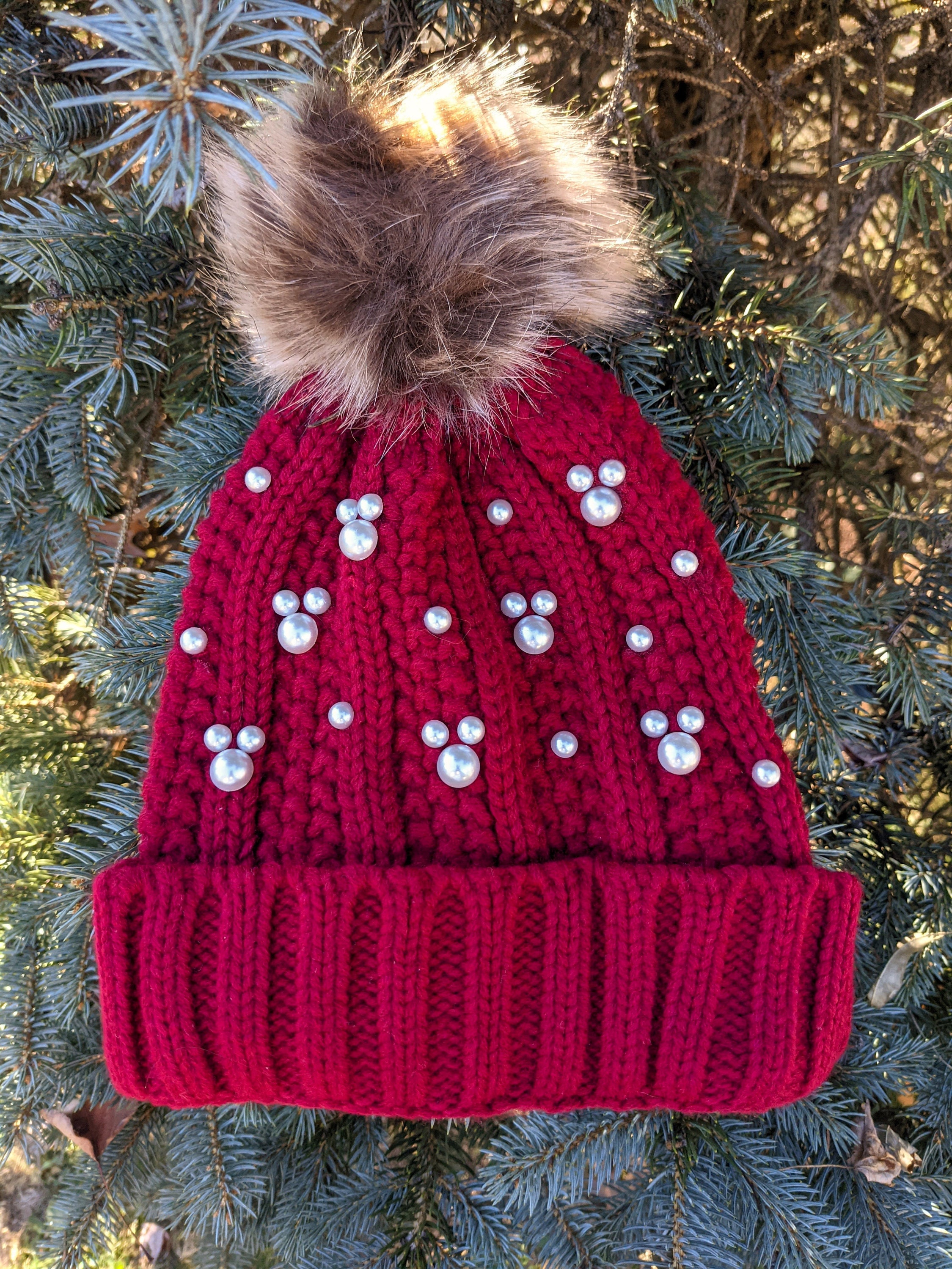 Mickey Pearl Embellished Knit Beanie With Faux Fur Pom Pom, Christmas ...