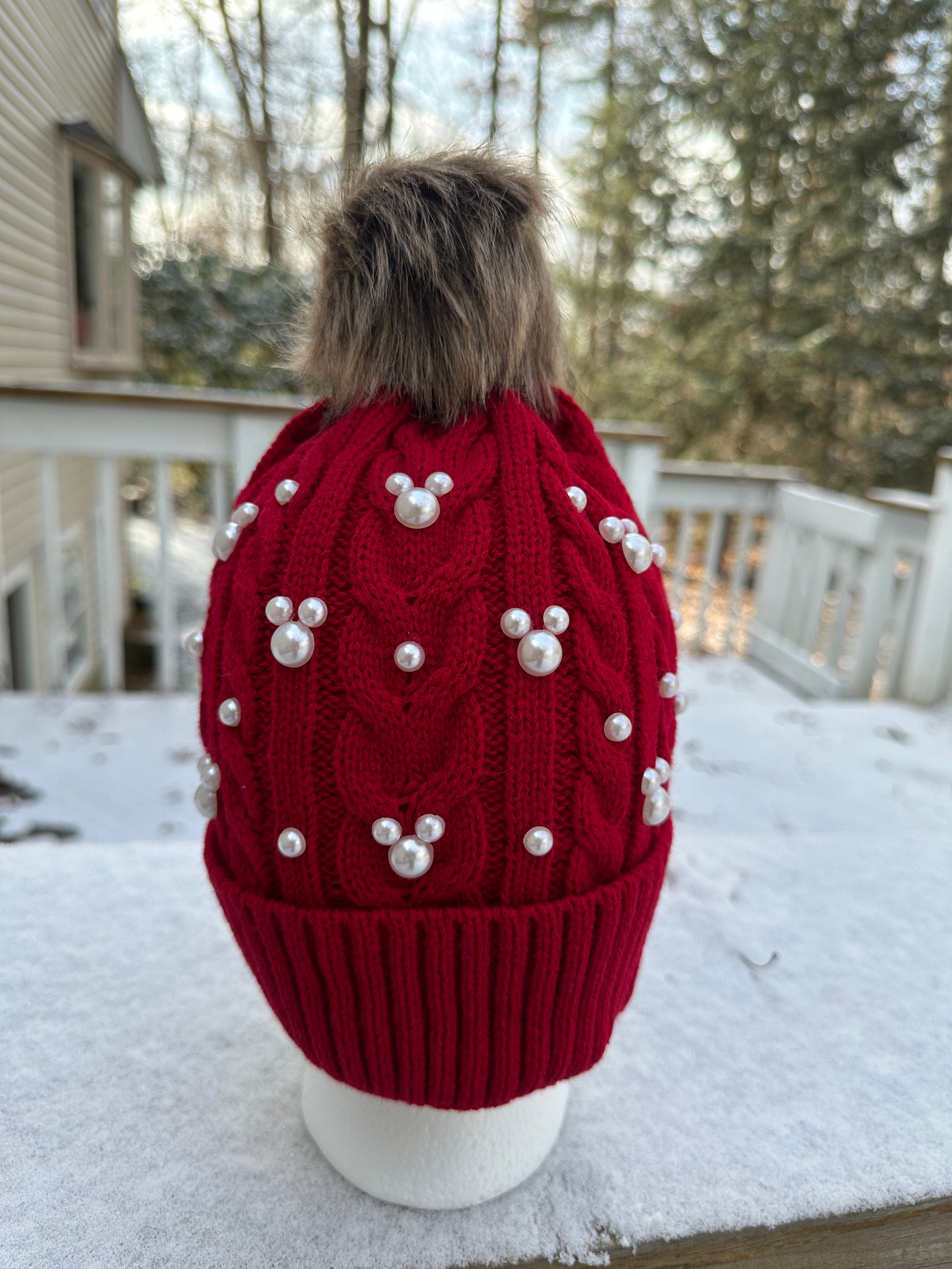 Mickey Pearl Embellished Knit Beanie With Faux Fur Pom Pom, Christmas ...