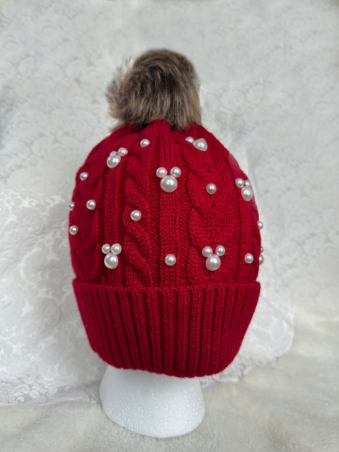 Mickey Pearl Embellished Knit Beanie With Faux Fur Pom Pom, Christmas ...
