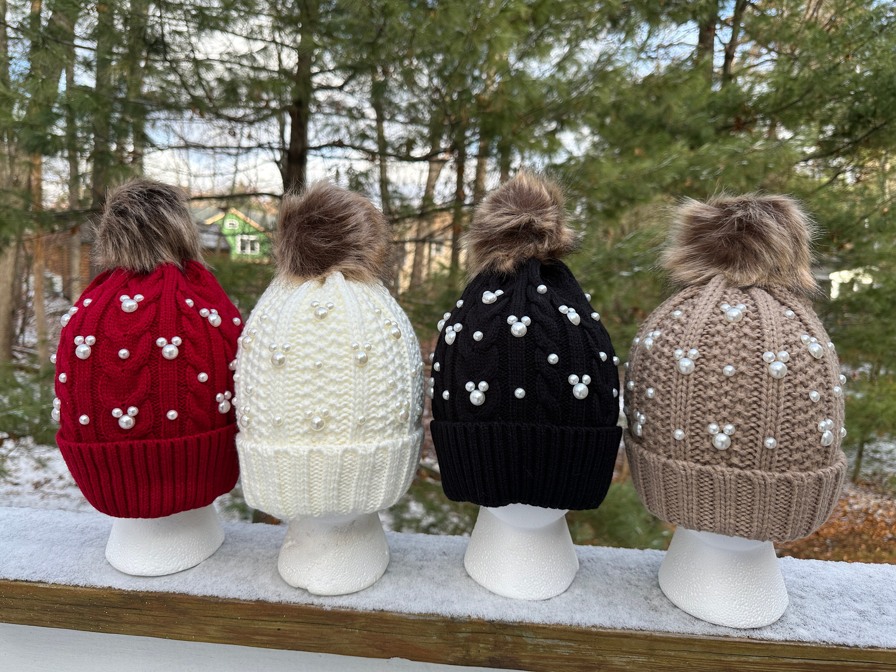 Mickey Pearl Embellished Knit Beanie With Faux Fur Pom Pom, Christmas ...