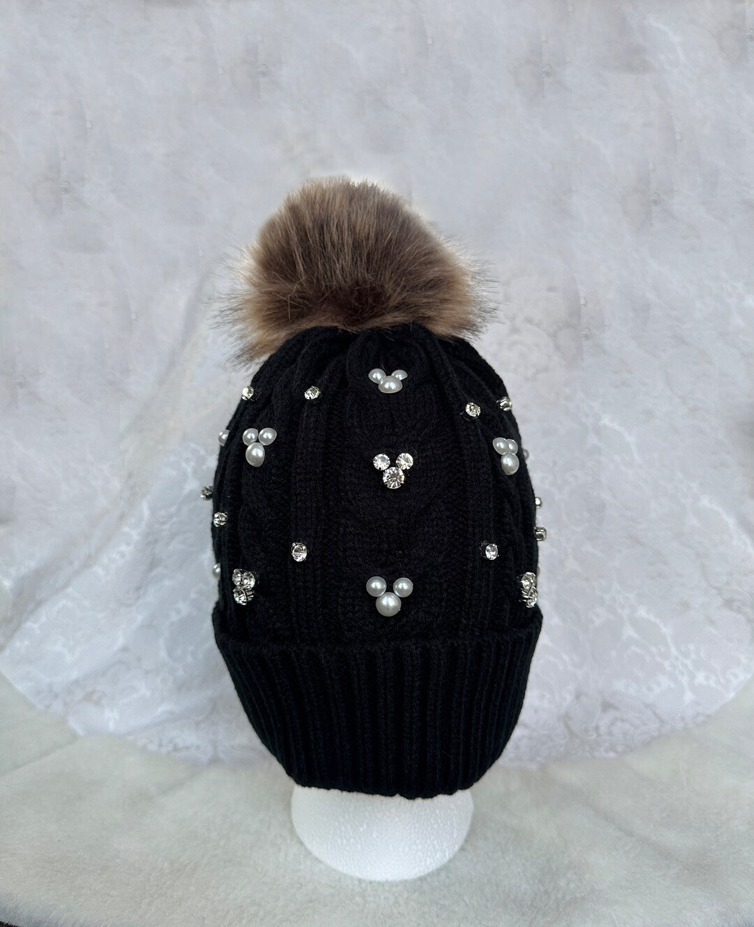 Mickey Rhinestone Pearl Embellished Knit Beanie With Faux Fur Pom Pom ...