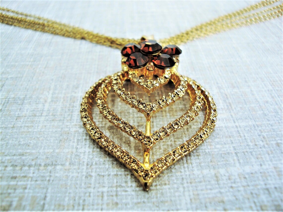 70s Style Heart Necklace Diamante Heart Necklace Vtg - Etsy UK