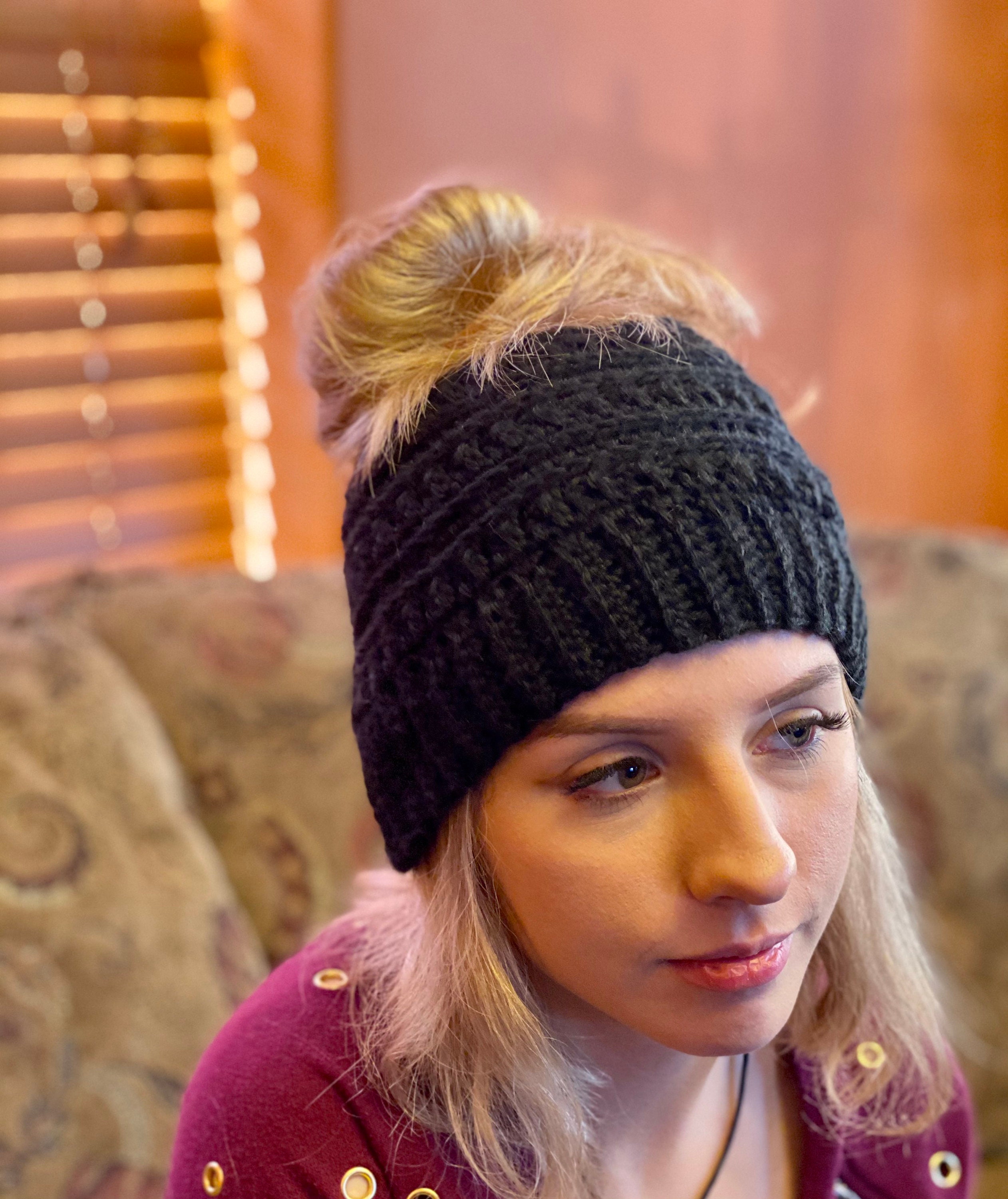 Messy Bun Hat Ear Warmers Pony Tail Hat Women's Hats Winter Hats Winter ...