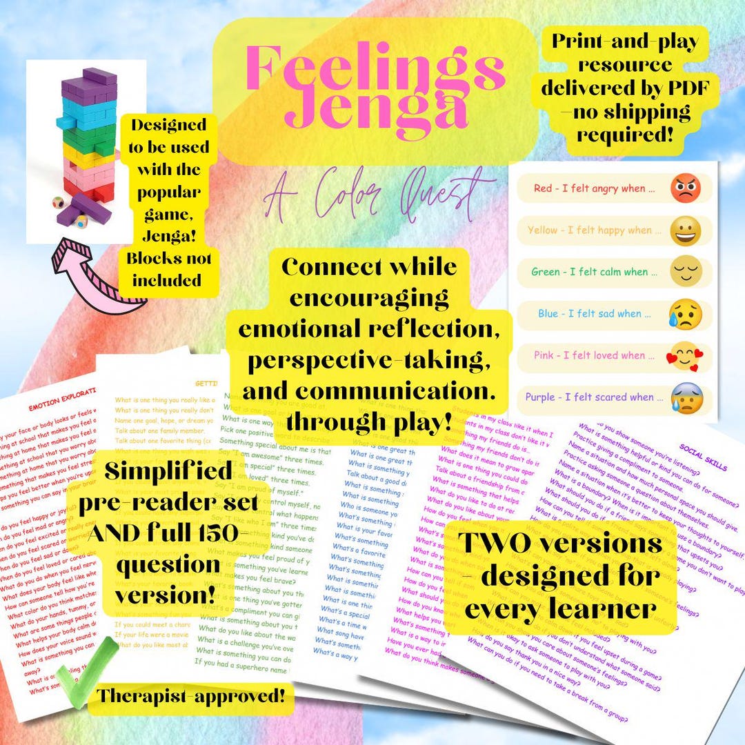 Feelings Jenga Color Quest Game | Therapy Printable | Digital Download ...