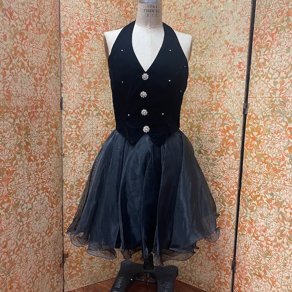 Hoco Dress Black Velvet S/M Vintage Halter Dress 1990s - Gem