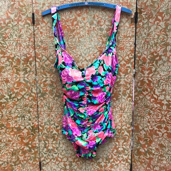 80s Neon Floral Swimsuit M Catalina - Gem