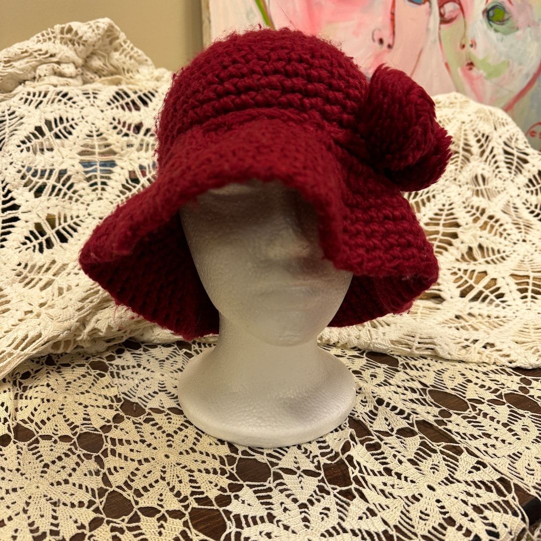 Red Knit Hat 70s Vintage Floppy Hat W Pompom - Etsy