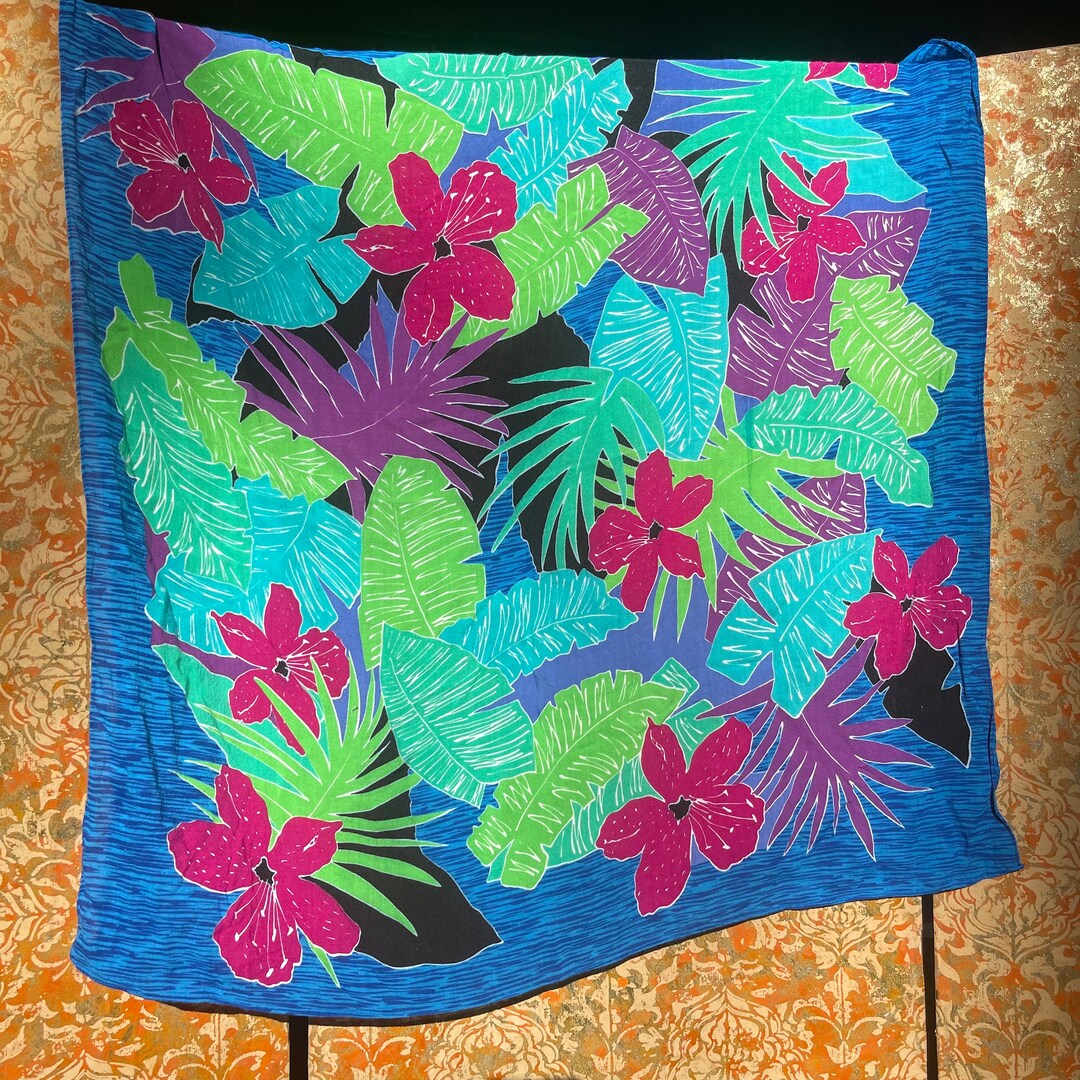 70s 80s Hawaiian Floral Scarf Blue Green Purple Palm Scarf Rayon Large ...