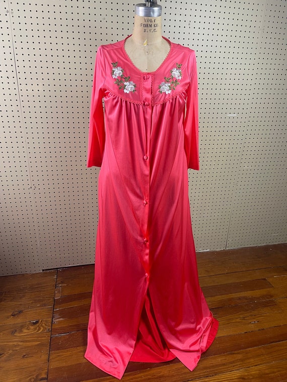 70s Vintage Robe M Lorraine Dressing Gown Coral Nylon… - Gem