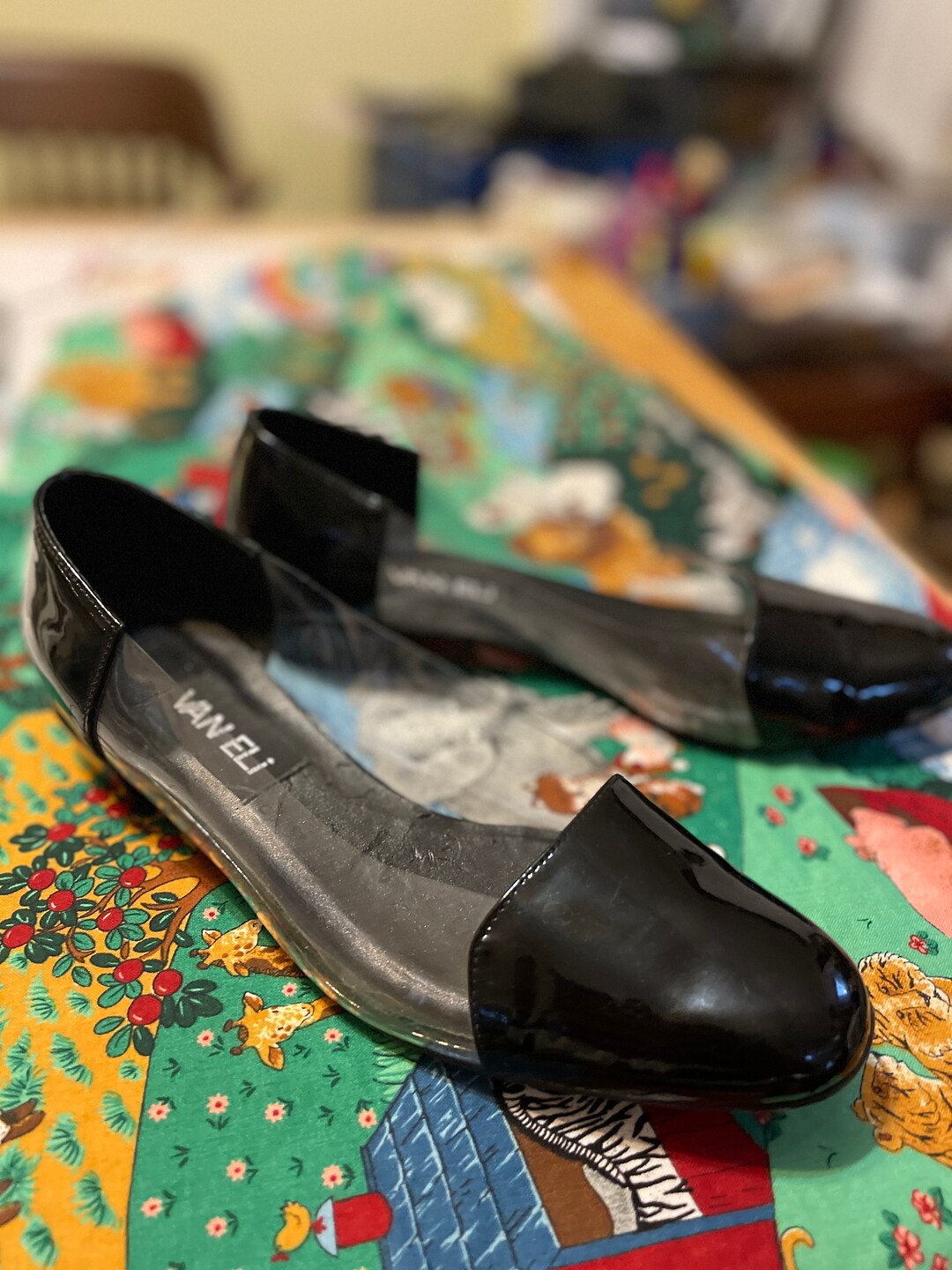 1980s Clear Ballet Flats 7.5 Black Patent Leather Toe Caps Vaneli Shoe ...