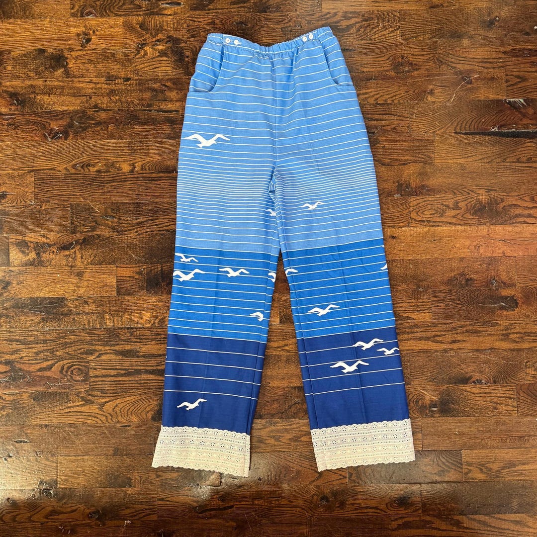 Vintage Y2k Blue Striped Cotton Pants W Lace Cuffs L/XL SEAGULL PRINT ...