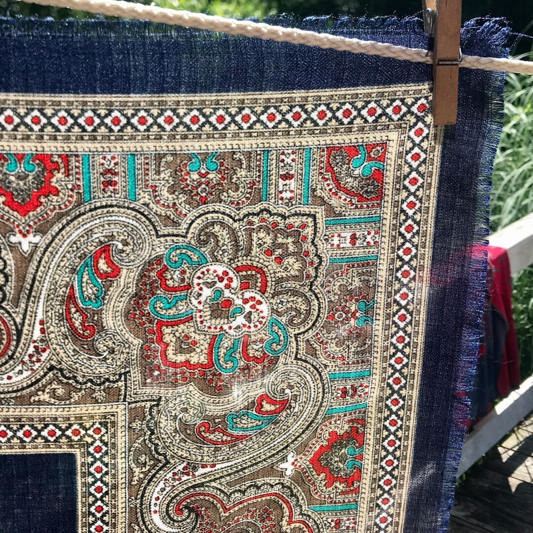 80s Vintage Preppy Scarf Navy Blue Vintage Paisley Border Print Scarf ...