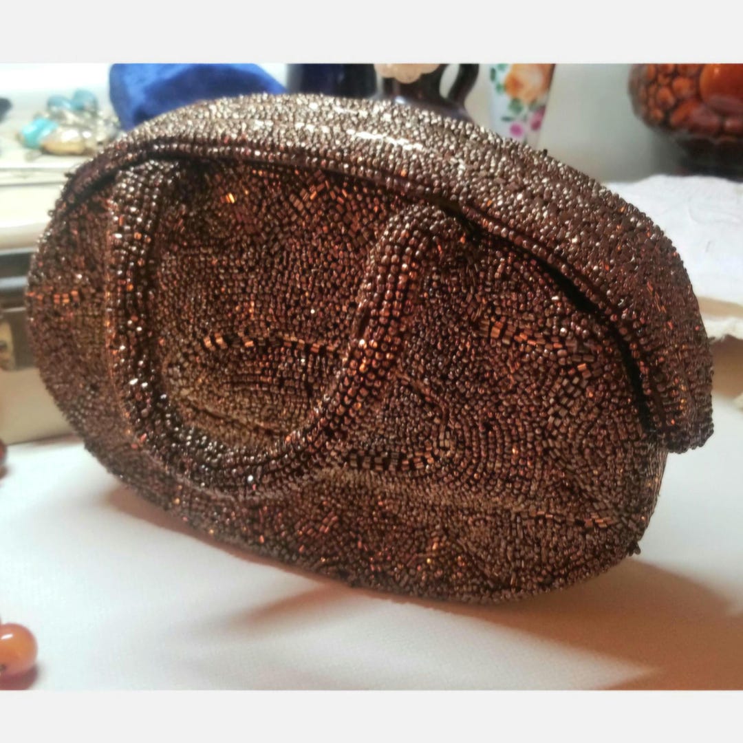 Vintage Designer Handbag Lujean Oval Top Handled Purse Bronze Beaded ...
