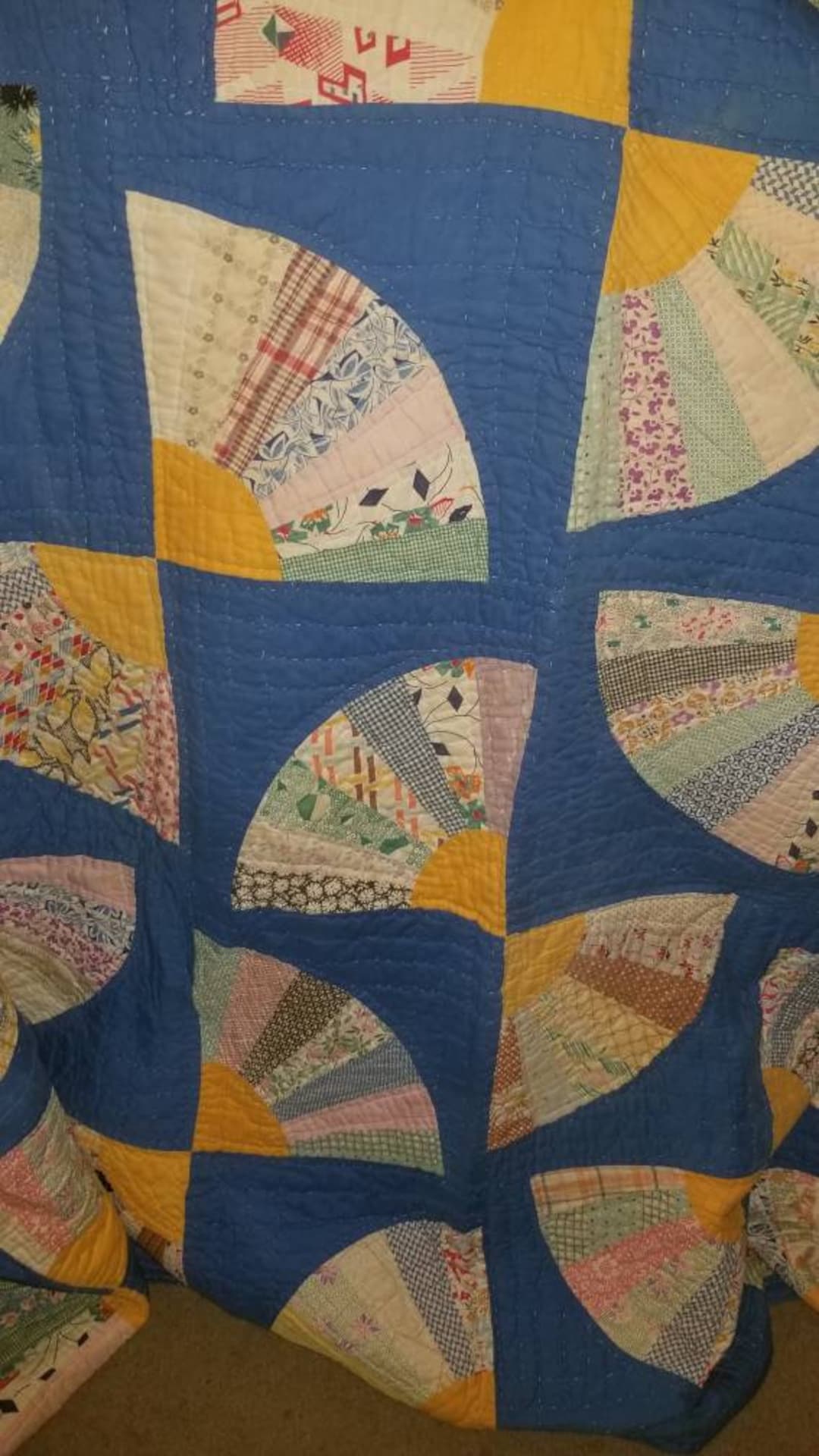 Antique Big Colorful Patchwork Fan Quilt Vintage Handmade Quilted ...
