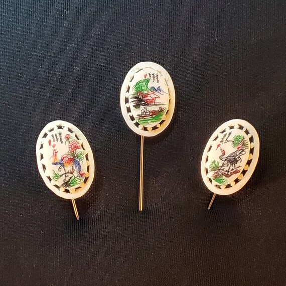 Antique Japanese Celluloid Hat Pins Handcarved Vintag… - Gem