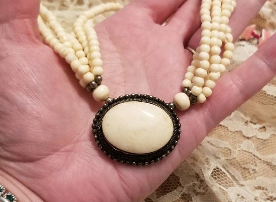 Vintage Handmade Bone Necklace Bovine and Silver Mult… - Gem