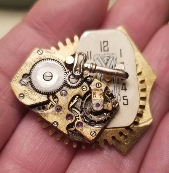 Vintage Watch Brooch Pin Original Artisan Collage Jew… - Gem