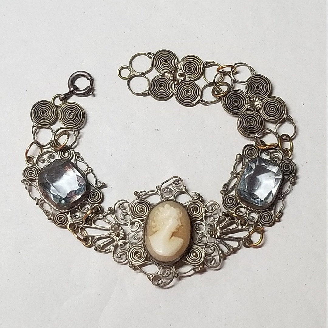 Antique Italian Silver Filigree Panel Cameo Bracelet Vintage Victorian ...