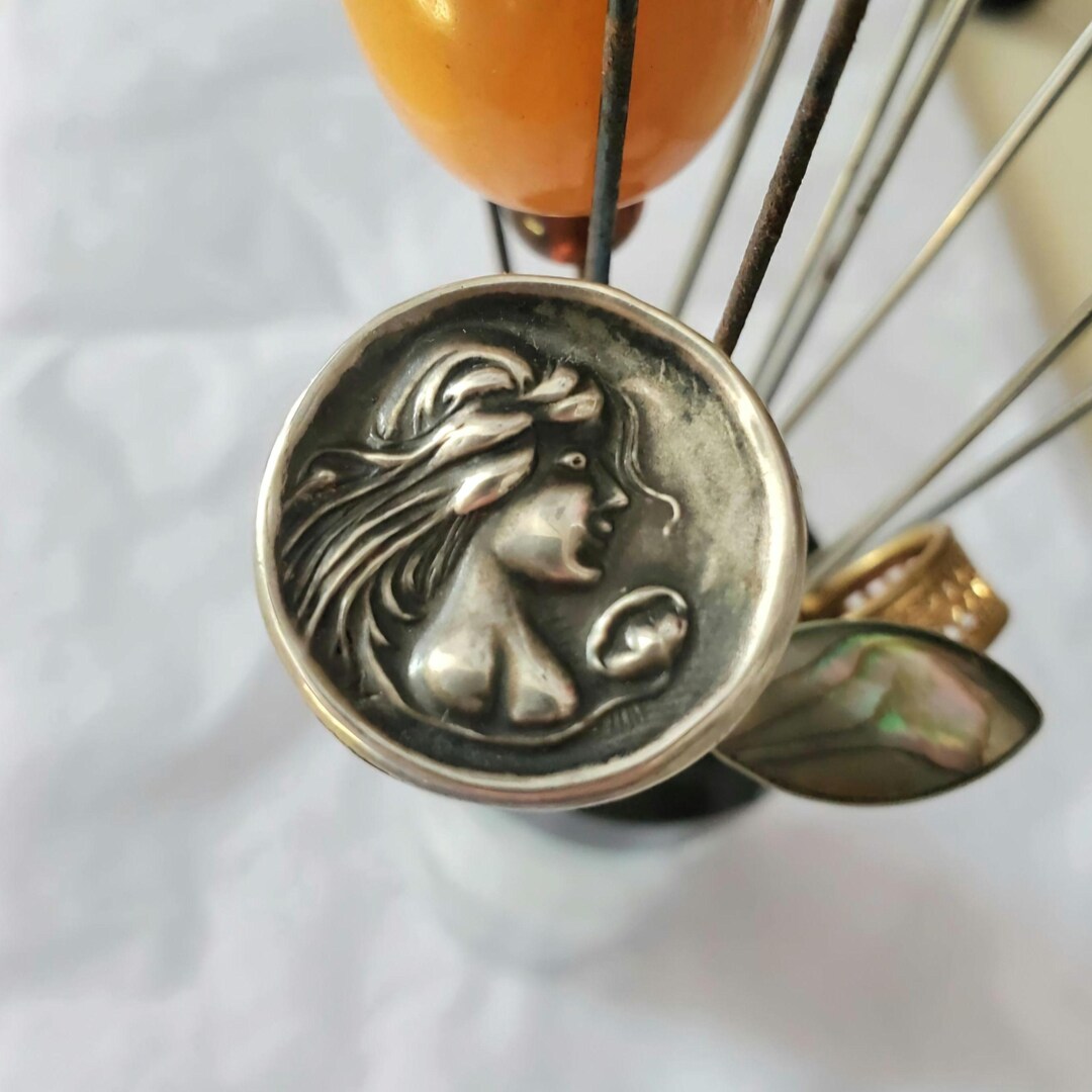 Antique Sterling Silver Hatpin 7 1/4" Art Nouveau Portait Pin Vintage ...