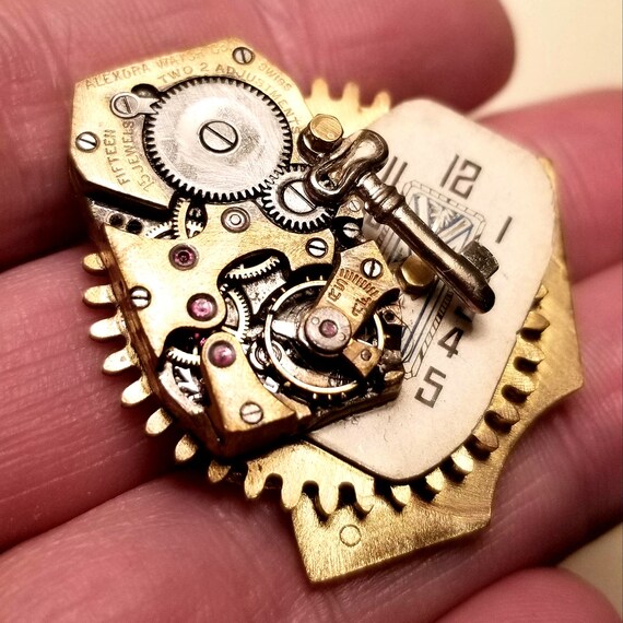 Vintage Watch Brooch Pin Original Artisan Collage Jew… - Gem