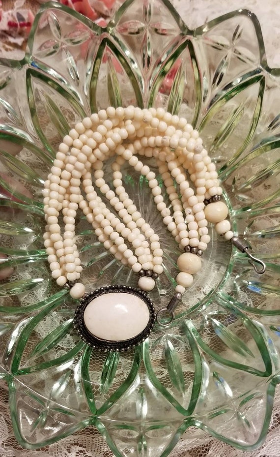 Vintage Handmade Bone Necklace Bovine and Silver Mult… - Gem