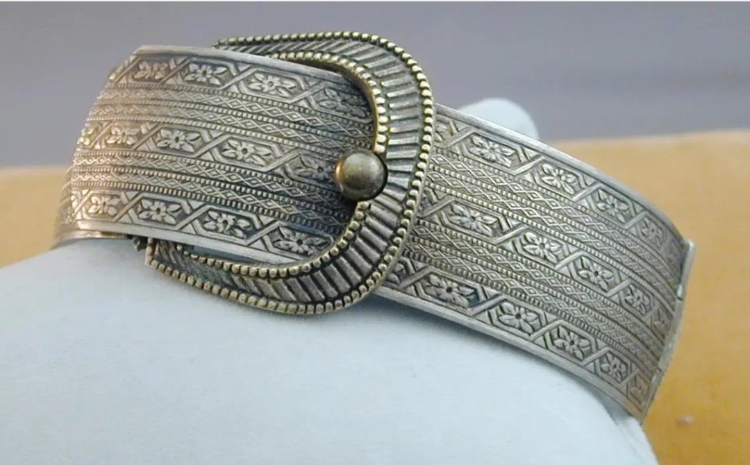 Antique Silver Hinged Bangle Buckle Bracelet Victorian Edwardian Gilt ...