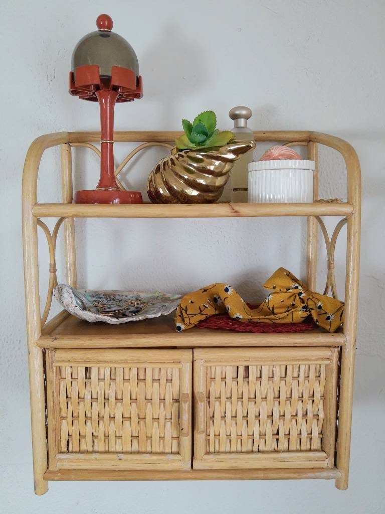 Vintage Rattan Bathroom Cabinet Boho Wicker Shelf W Doors Etsy