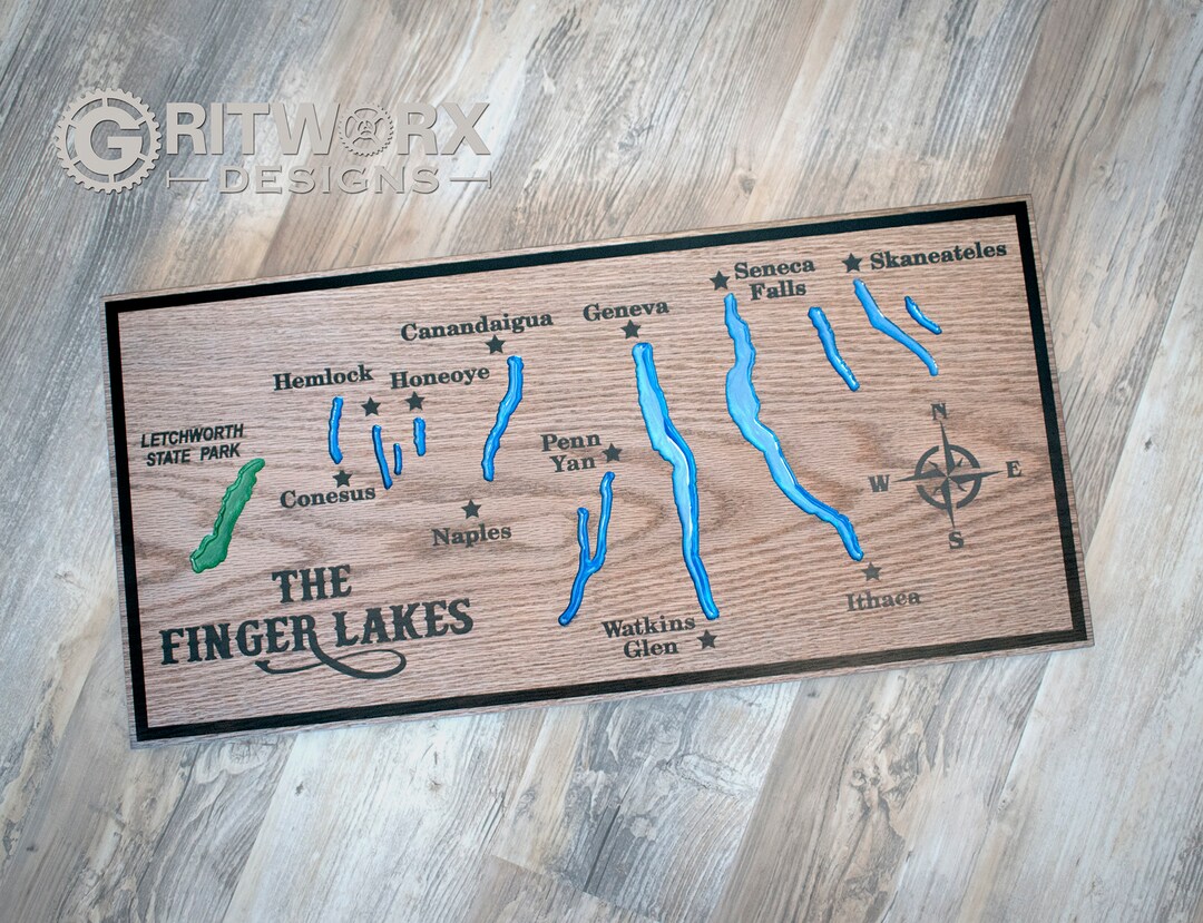 Wood Wall Art 3D Lake Map - NY Finger Lakes Engraved Wood Art With ...
