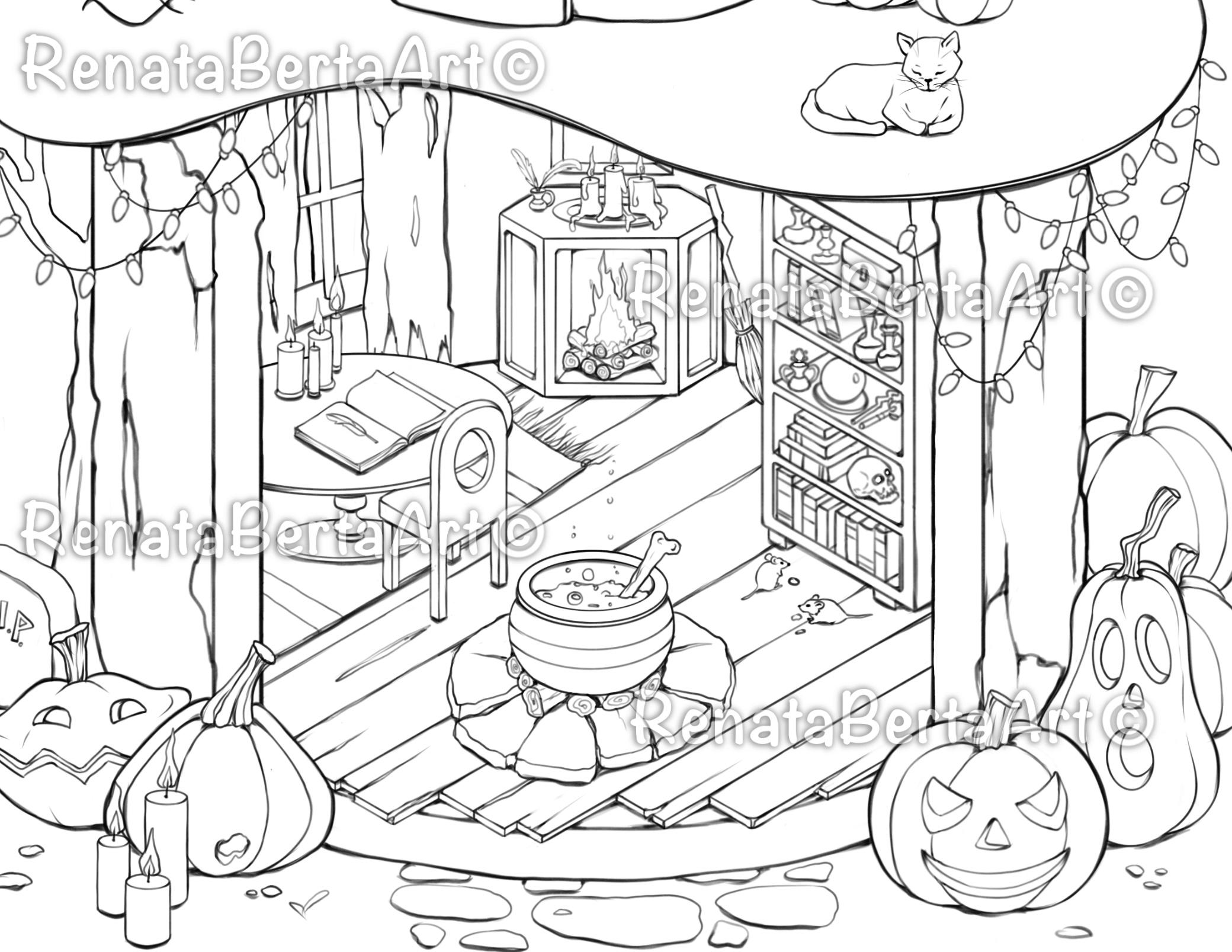 Witch Cottage Lineart - Pocket Room Coloring Page - Instant Download ...