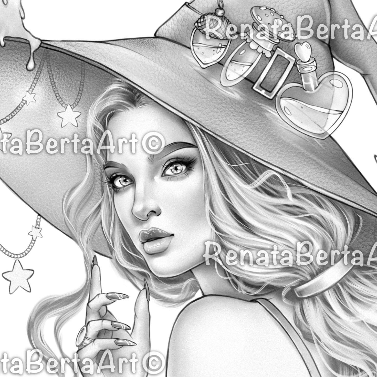 The Magic Witch Hat - Premium Grayscale Coloring Page - Instant ...