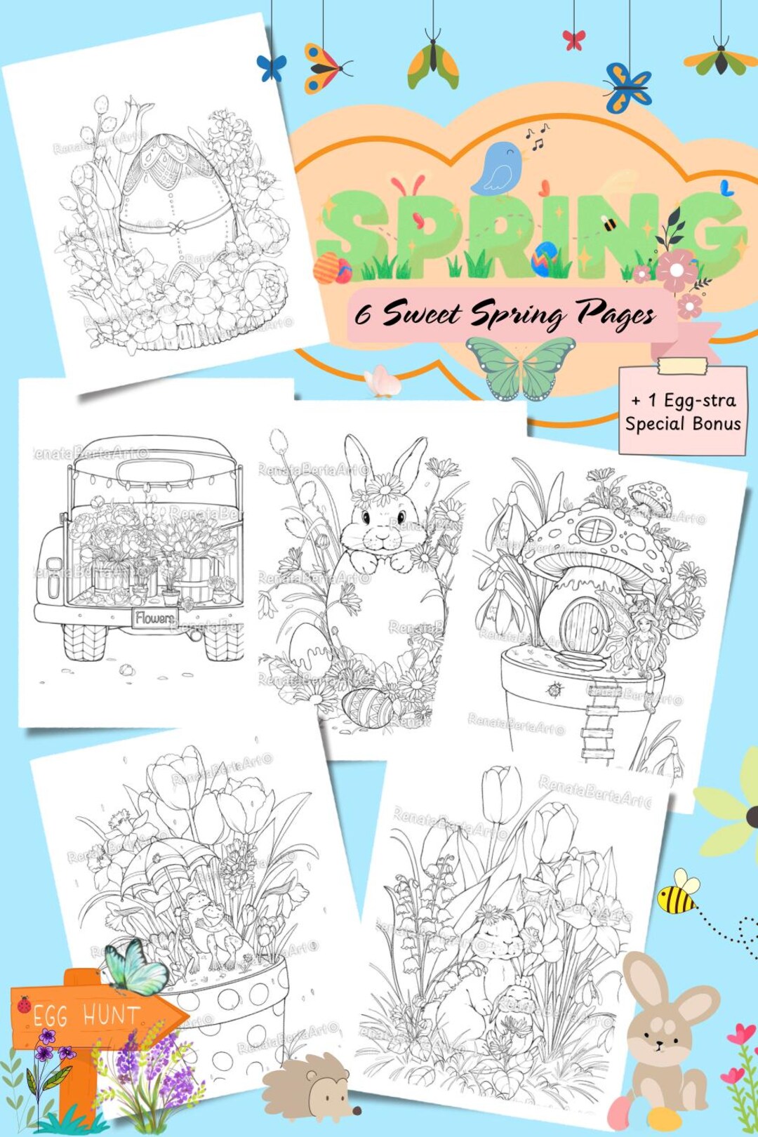 Spring Easter Coloring Pages - 6 Pack + Bonus - Printable Line-art for ...
