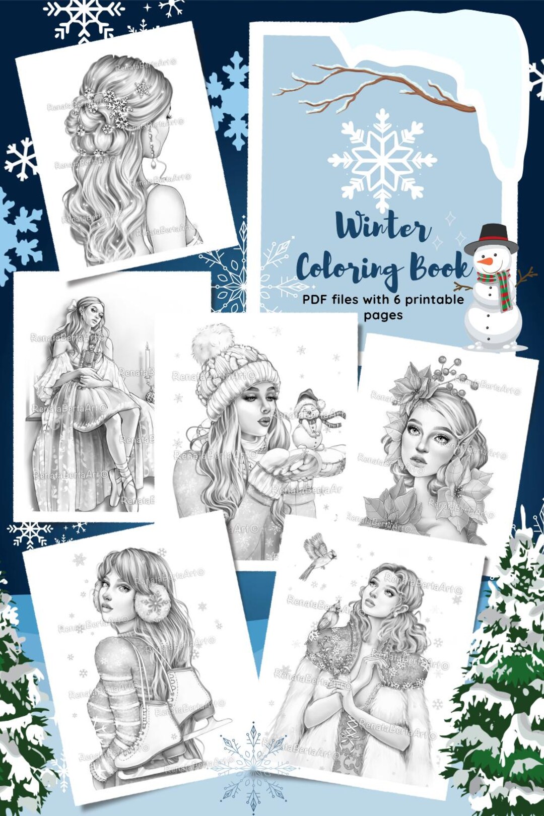 Winter Digital Coloring Book - Printable Art With Snowman, Nutcracker ...