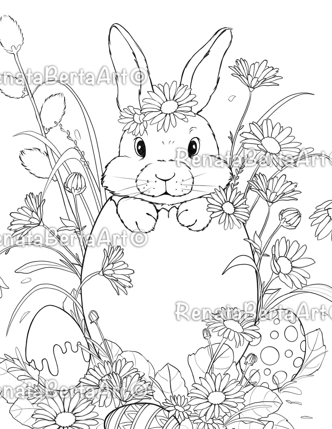 Easter Bunny - Printable Line-art Coloring Page - Cute Bunny, Daisies ...