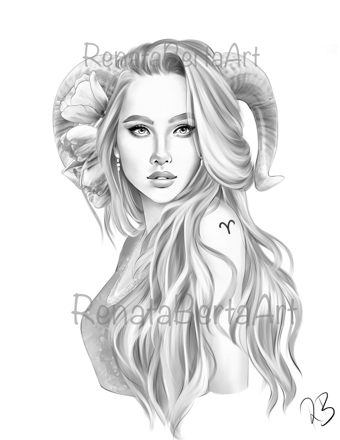 Aries - Premium Grayscale Coloring Page - Instant Download Coloring ...
