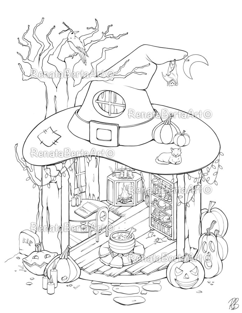 Witch Cottage Lineart - Pocket Room Coloring Page - Instant Download ...