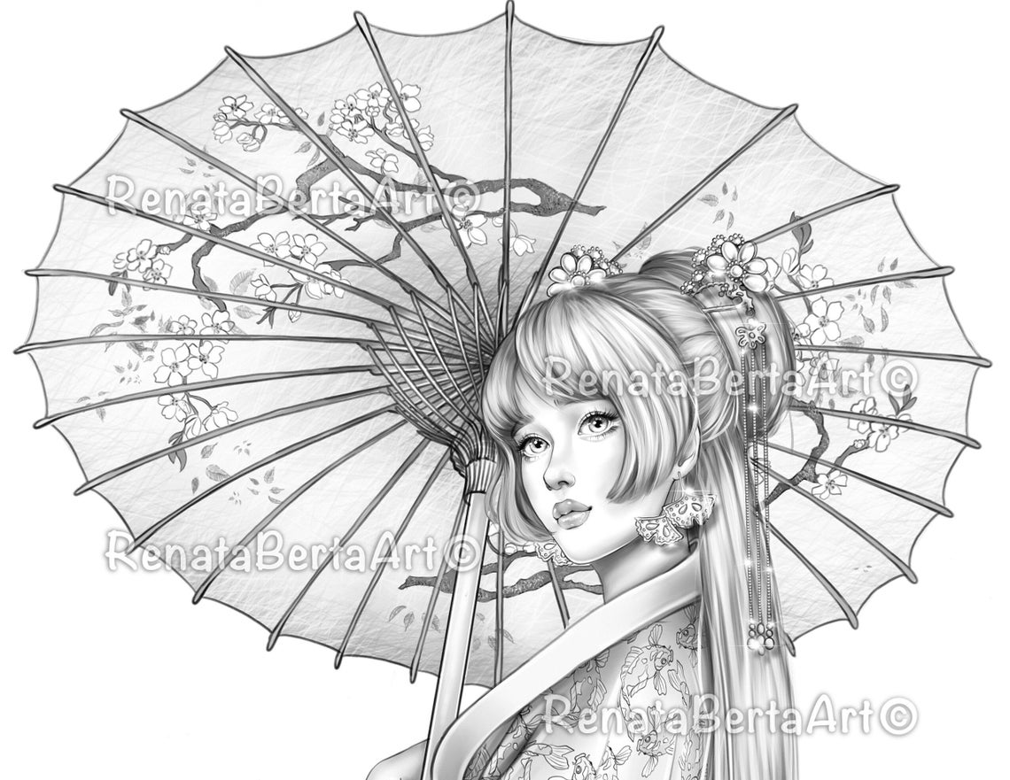 Miyu - Premium Grayscale Coloring Page - Instant Download - Printable ...