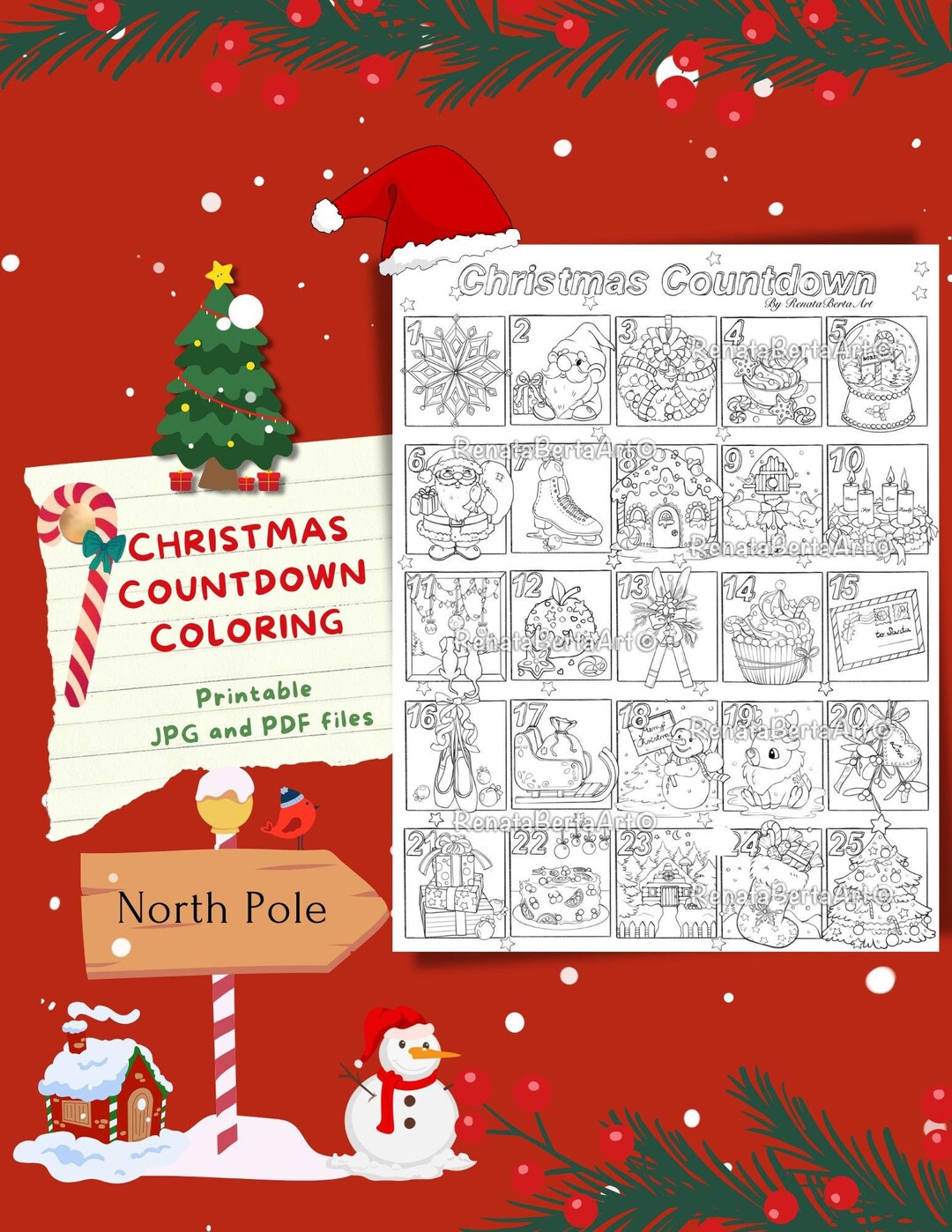 Christmas Countdown Line-art Coloring Page - Premium Coloring - Instant ...