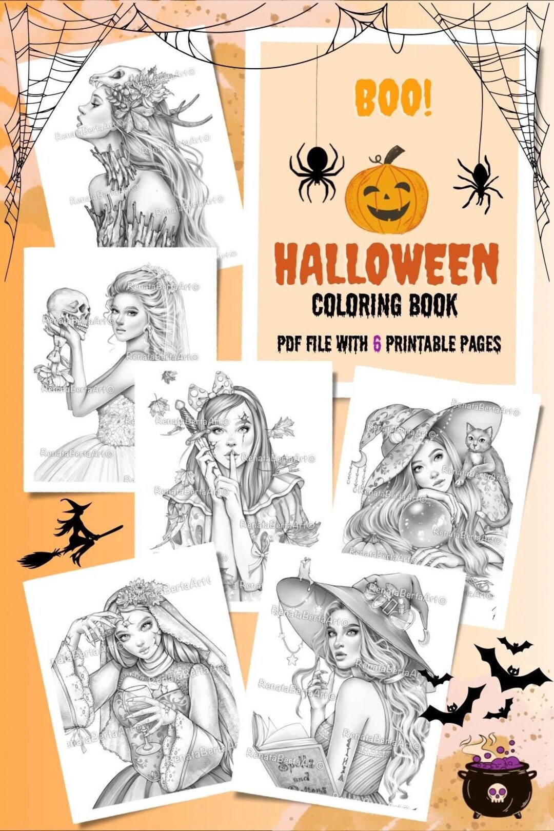 Halloween Grayscale Coloring Book Set of 6 Premium Printable Pages ...