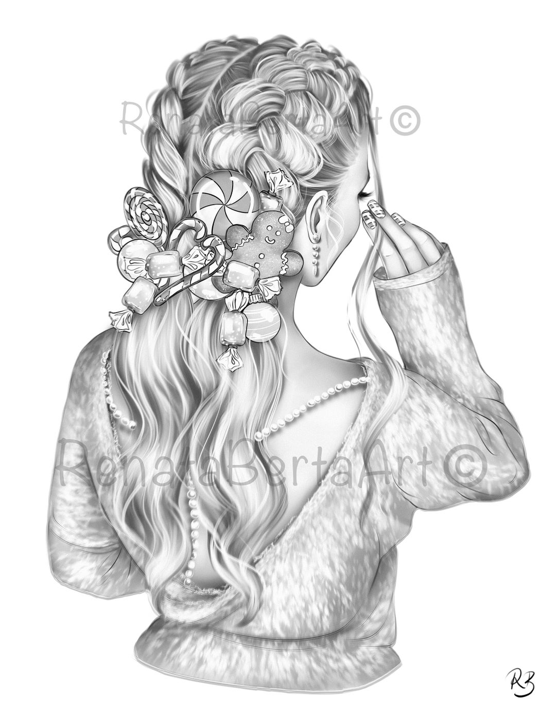 Christmas Candy Hairstyle - Premium Grayscale Coloring Page - Instant ...