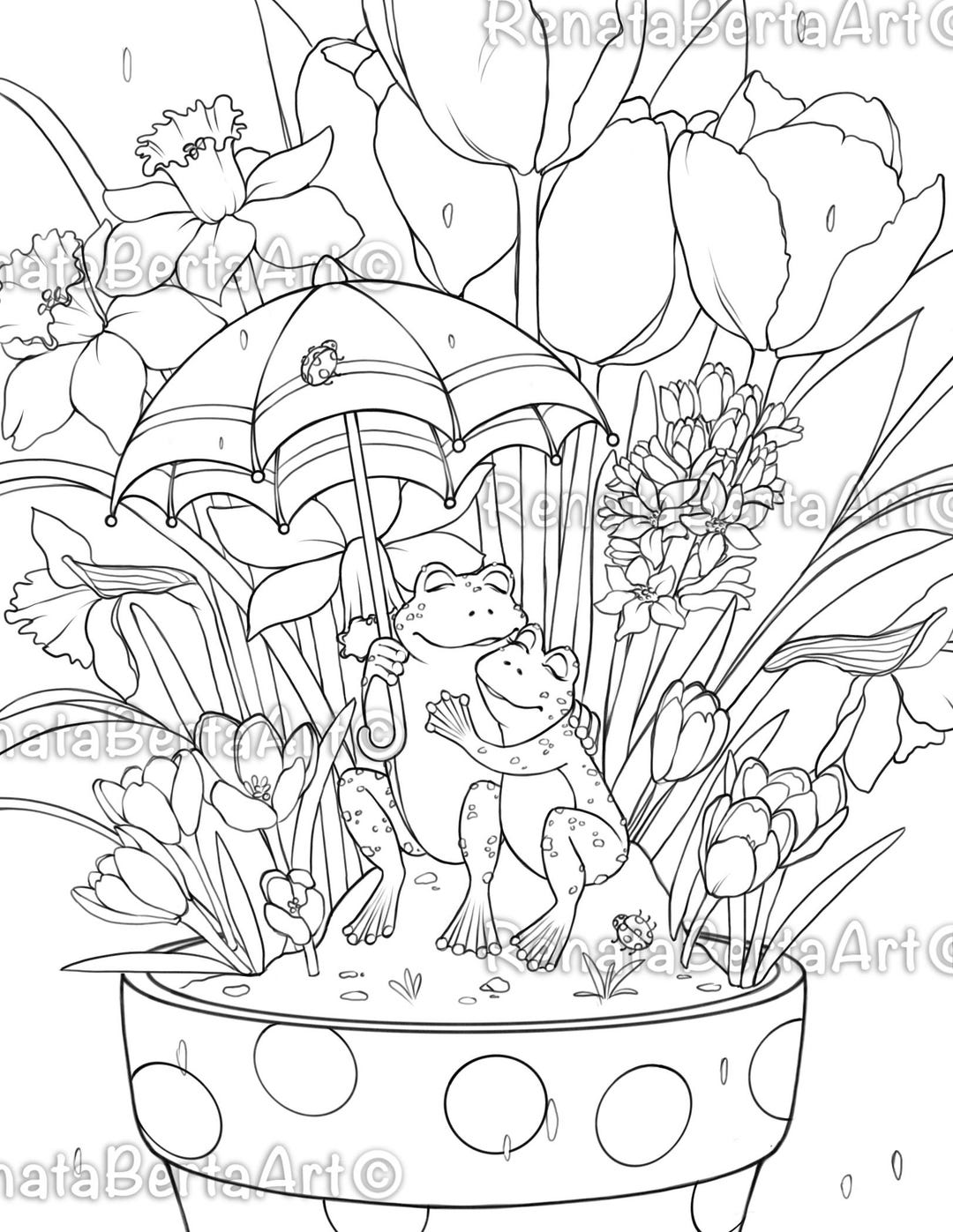 Rainy Day - Printable Line-art Coloring Page - Cute Frogs, Rainy Day ...