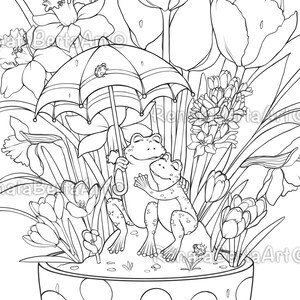 Rainy Day - Printable Line-art Coloring Page - Cute Frogs, Rainy Day ...