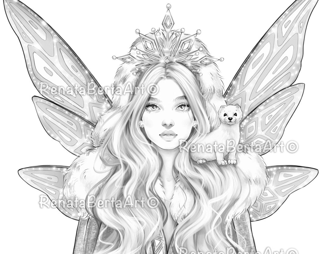 Winter Fairy Coloring Page - Fairy Girl, Butterfly Wings & Weasel Pet ...