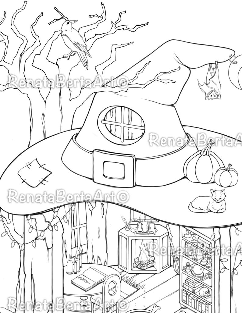 Witch Cottage Lineart - Pocket Room Coloring Page - Instant Download ...