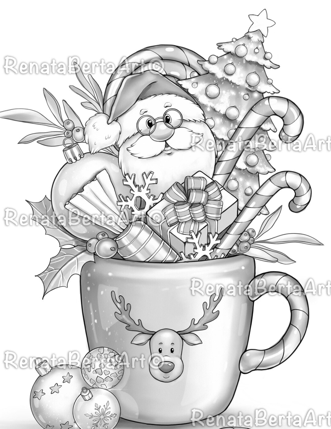 Christmas Cup Coloring Page - Santa, Reindeer, Candy Canes, Mistletoe ...
