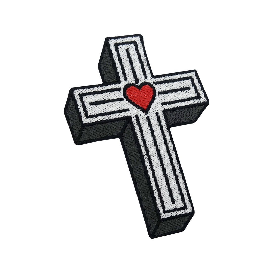 Iron-on Patch Cross With Heart | Retro Tattoo Bible Patches Metal Cross Iron-on Image Church ...